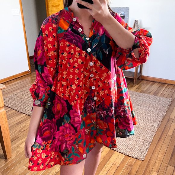 FARM Rio | Dresses | Farm Rio Red Patchwork Button Down Long Sleeve ...